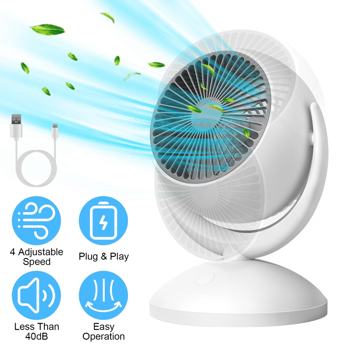 Rechargeable Oscillating Desk Fan - 4 Speeds, 360° Tilt & Automatic Ro ...